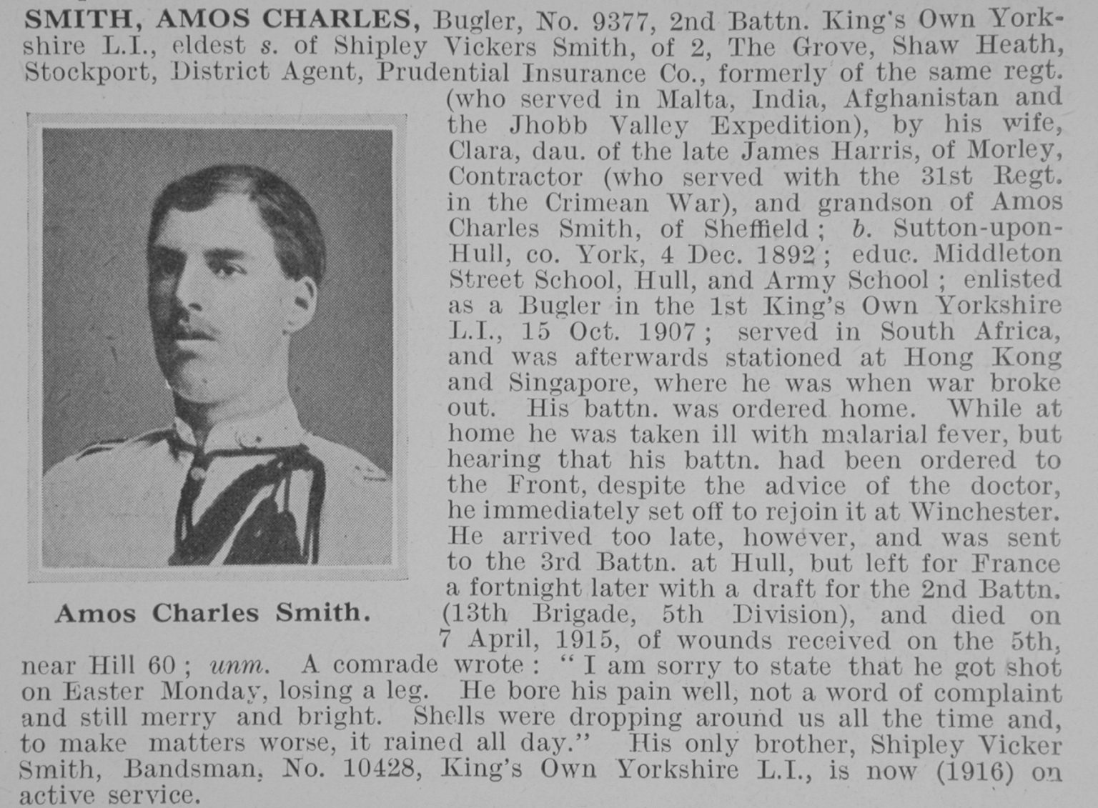 Smith A C Bugler 9377 2nd King’s Own Yorkshire Light Infantry – First ...